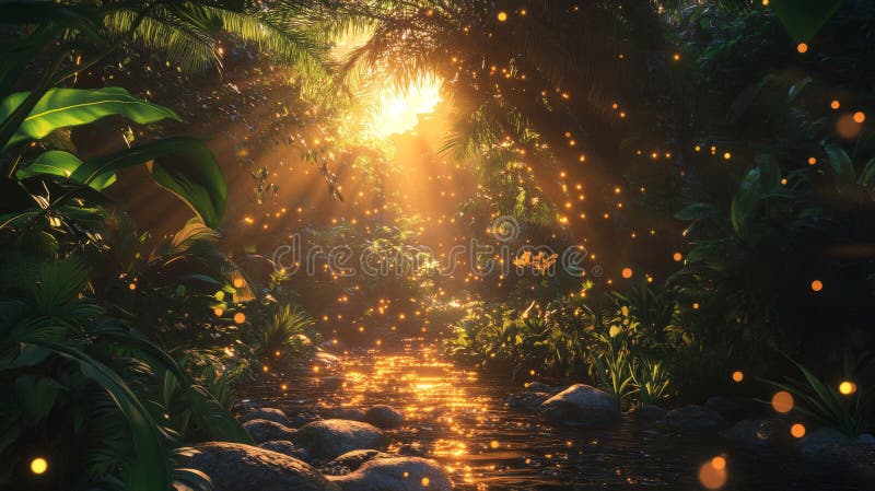 Magical Sunset Glow in Lush Tropical Forest with Sparkling Stream Stock ...
