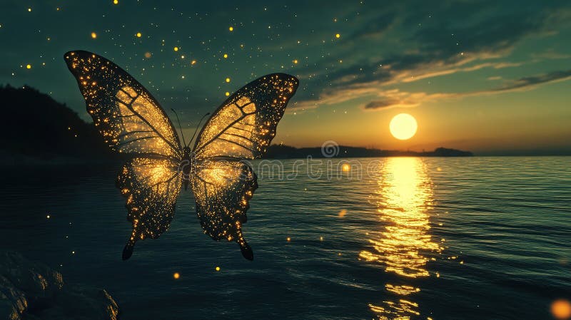 Magical Sunset with Glowing Butterfly Over Calm Sea Stock Image - Image ...