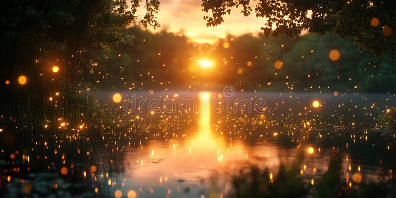 Magical Sunset Lake Golden Hour Background Image Stock Illustration ...