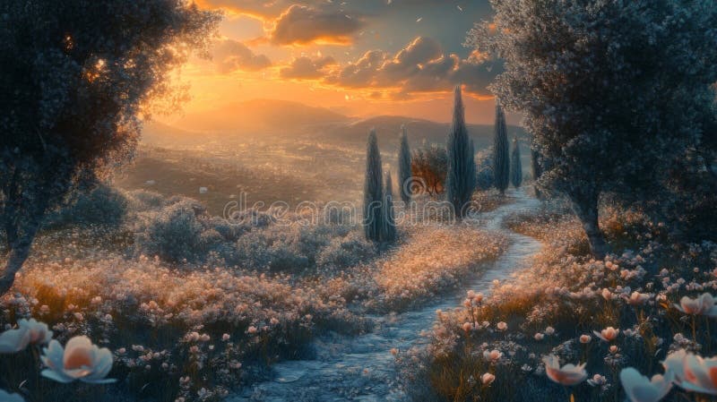 Magical Sunset Landscape with Path through Flower Field Stock ...