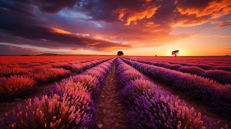 Sunset Over Endless Lavender Fields. Created with Generative AI Stock ...