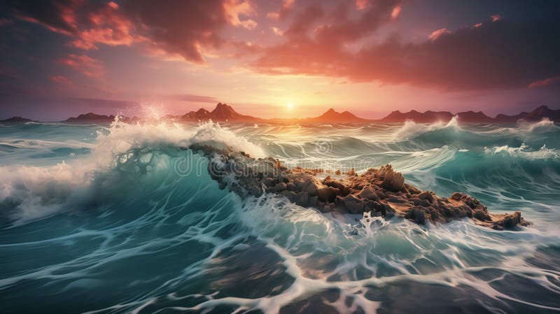 Magical Sunset Over the Ocean. Ocean Waves and Sharp Rock in the Ocean ...