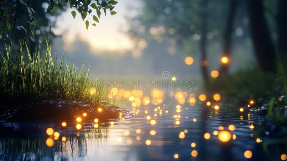 Magical Sunset Over River in Forest with Glowing Fireflies Stock ...