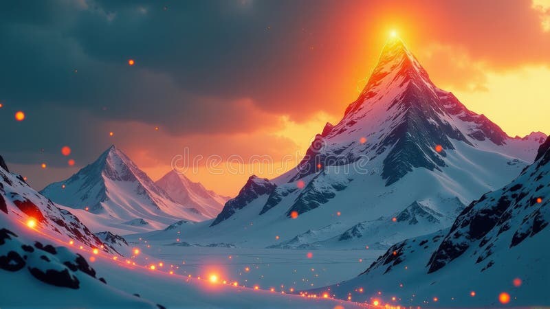 Magical Sunset Over Snowy Mountains Stock Illustration - Illustration ...
