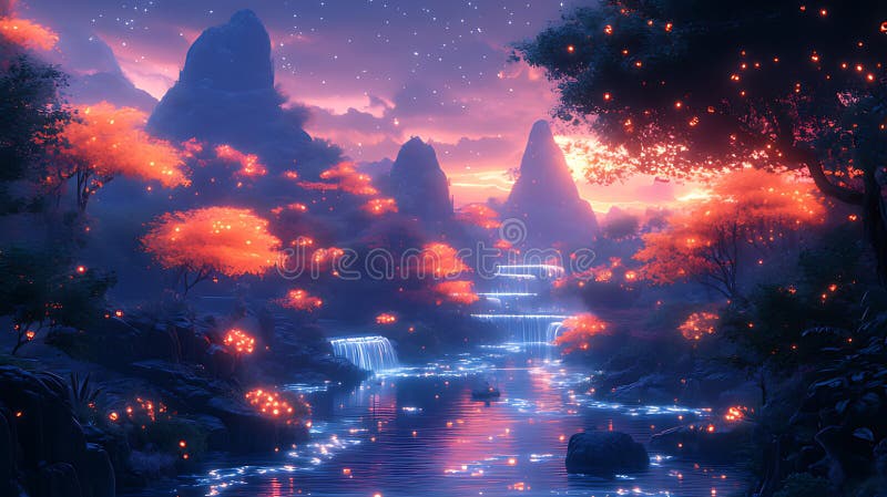 Magical Sunset River, Floating Lanterns, Mountains, Fantasy Landscape ...