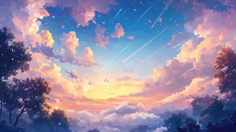 Magical Sunset Sky with Shooting Stars and Trees Stock Photo - Image of ...