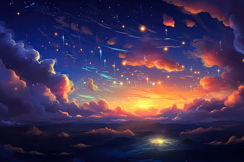 Magical Sunset Sky with Stars, Clouds, and Hanging Moons Stock ...