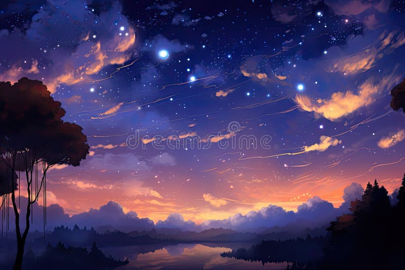 Magical Sunset Sky with Stars, Clouds, and Hanging Moons Stock ...