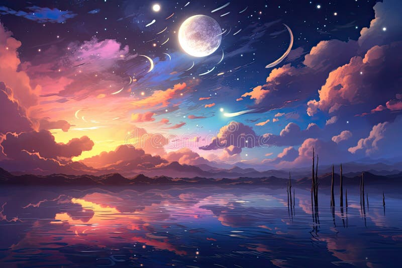 Magical Sunset Sky with Stars, Clouds, and Hanging Moons Stock ...