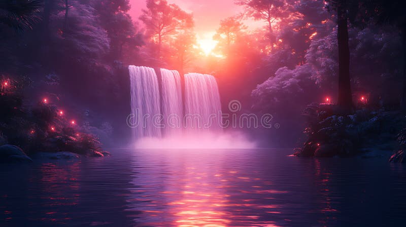 Magical Sunset Waterfall Cascading into Serene Pool, Surrounded by Lush ...