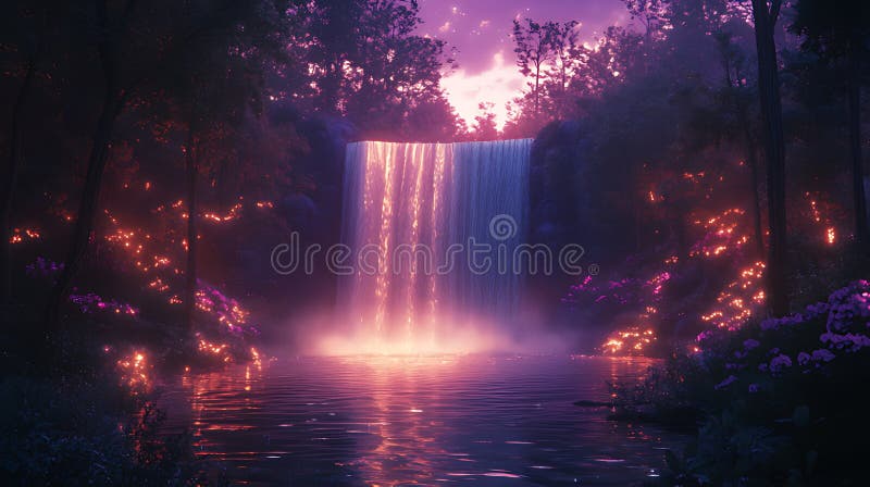 Magical Sunset Waterfall in Enchanted Forest Stock Illustration ...