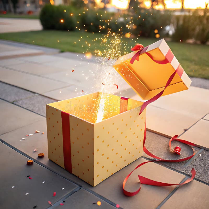 Magical Surprise Box with Sparkling Lights Outdoors at Sunset Stock ...