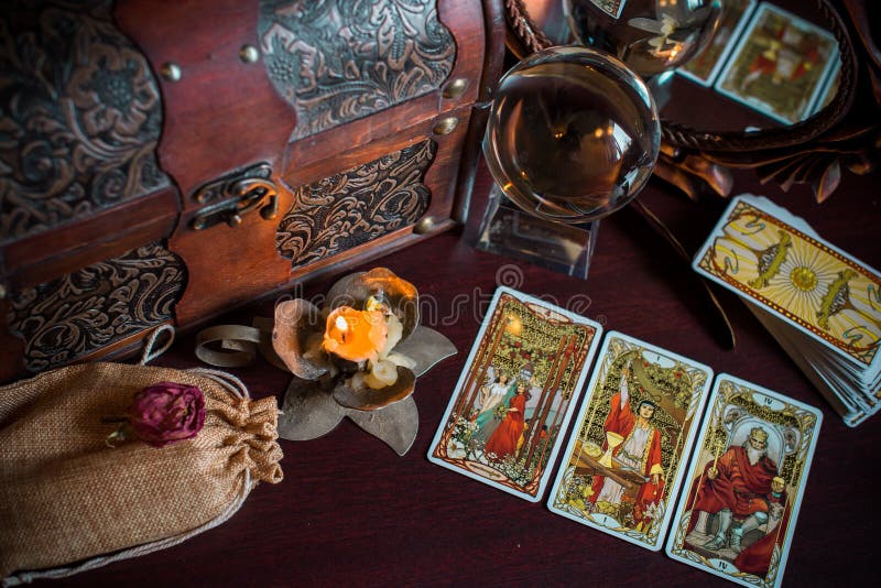 Magical Tarot Cards at Table, Fortune Telling Concept Editorial Stock ...