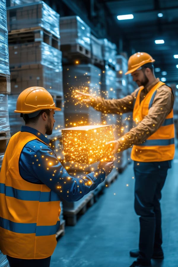 Magical Teamwork in a Busy Warehouse with Glowing Effects during a ...