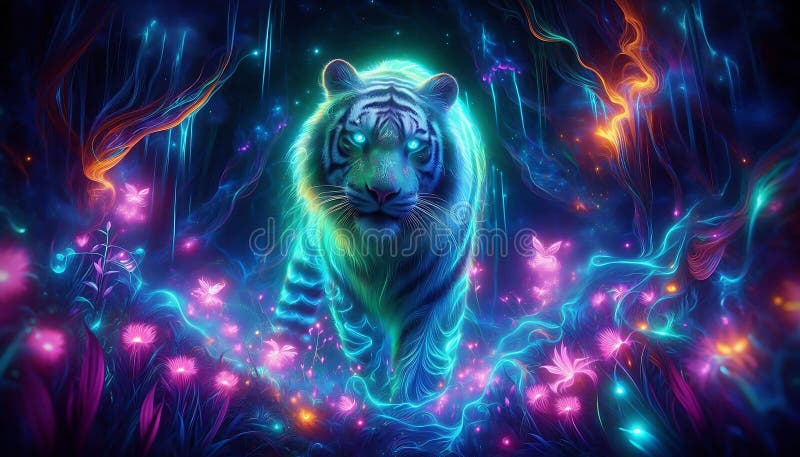 Magical Tiger in a Starry Forest Glow Stock Illustration - Illustration ...