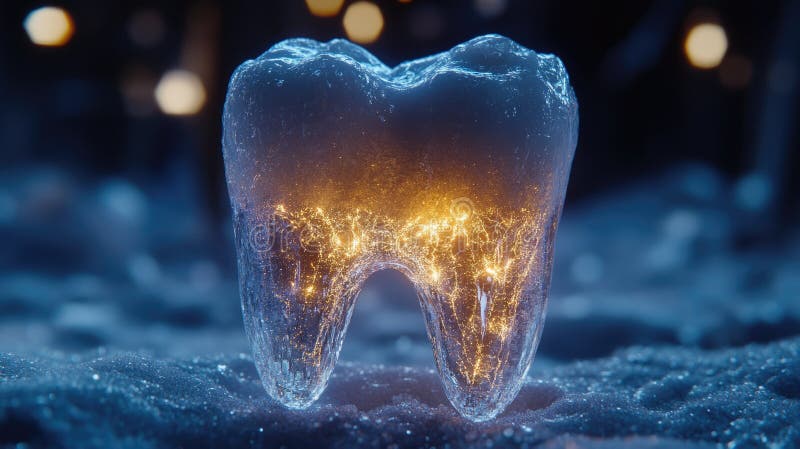 Magical Tooth of Ice with Glowing Center in Winter Night Stock Photo ...