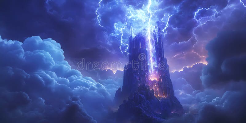 Magical Tower in the Clouds Fantasy Artwork Stock Illustration ...