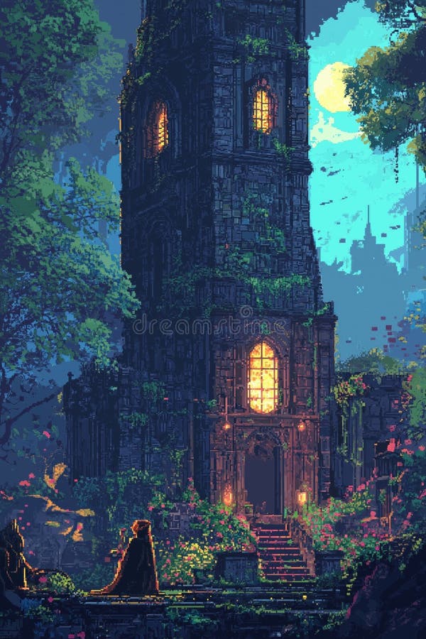 Magical Tower Glows with Pixel Art. Wizard Practices Spells in Front of ...