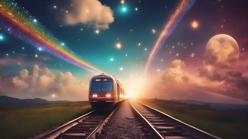 Magical Train Gliding Along a Track with Rainbow Separating the Sky ...