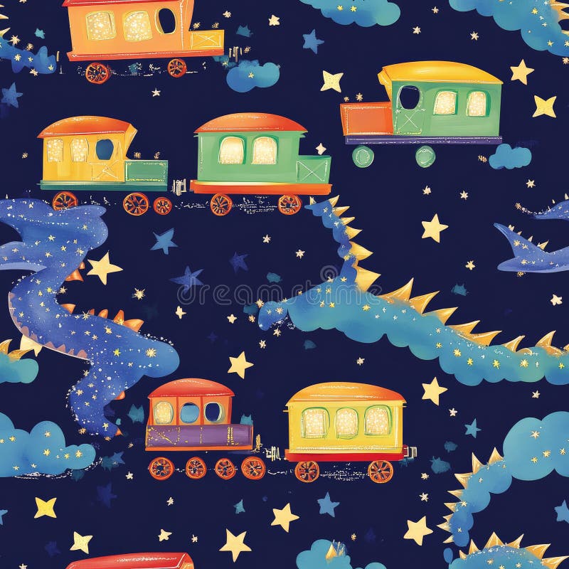 A Magical Train Pattern with Colorful Carriages Flying through the Sky ...