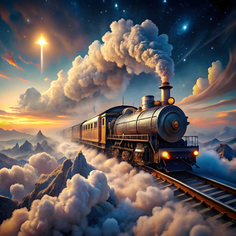A Magical Train Traveling through the Clouds Stock Illustration ...