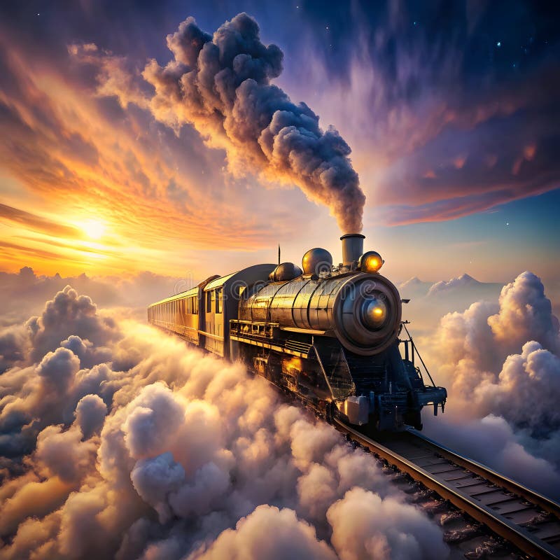 A Magical Train Traveling through the Clouds Stock Illustration ...