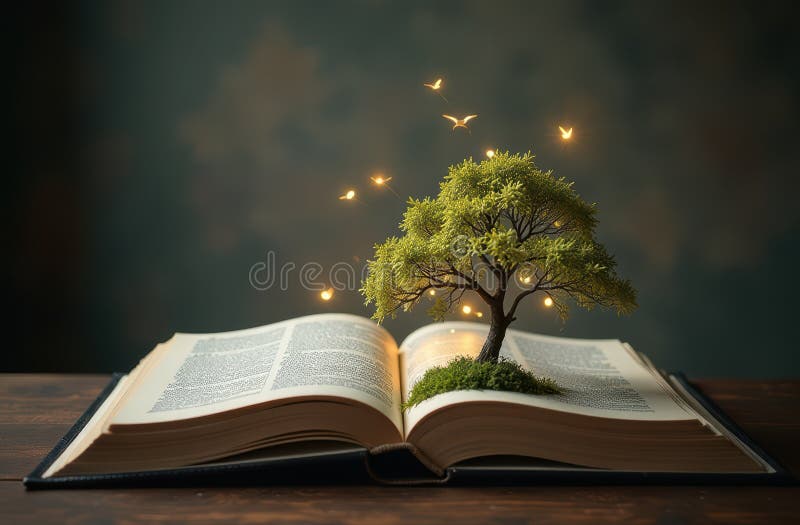 Magical Tree Emerging from Open Book with Glowing Birds at Twilight ...