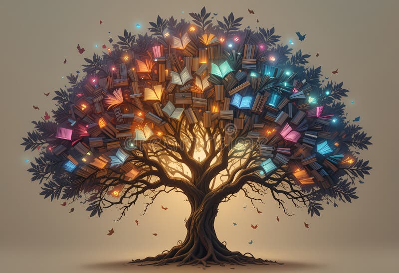 Magical Tree Filled with Illuminated Books Stock Photo - Image of ...