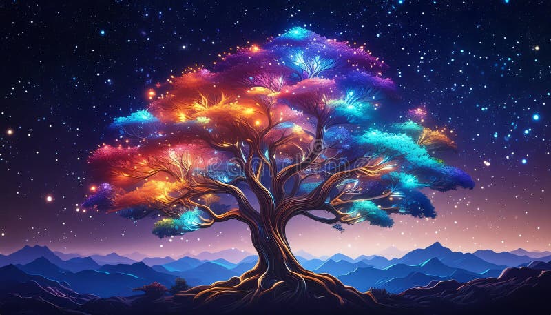 Magical Tree with Glowing Branches Illuminating a Mountain Top at Night ...