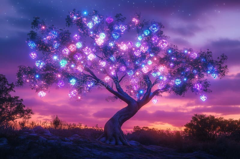 Magical Tree with Glowing Crystals Under Sunset Sky. Stock Photo ...
