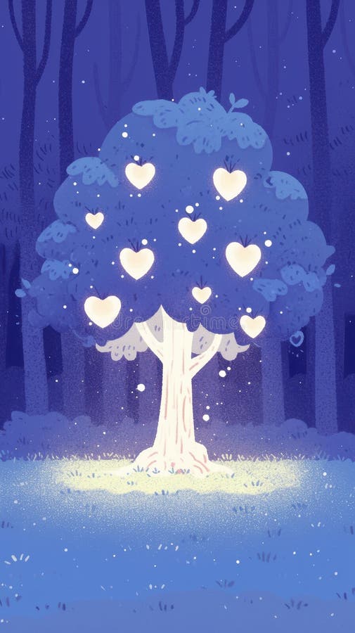 Magical Tree Glowing with Heart Shaped Fruit in Serene Forest Stock ...