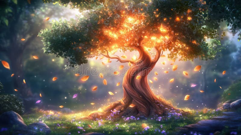 A Magical Tree Glowing with Light and Surrounded by Falling Leaves in a ...
