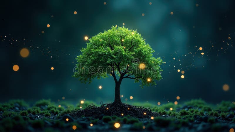 Magical Tree with Glowing Lights. Stock Illustration - Illustration of ...