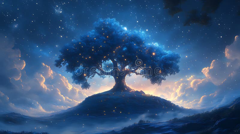 Magical Tree Glowing at Night with Stars and Clouds Stock Illustration ...