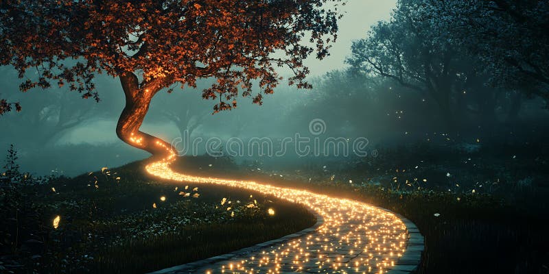 Magical Tree Glowing Path Fantasy Art Background Wallpaper Stock ...