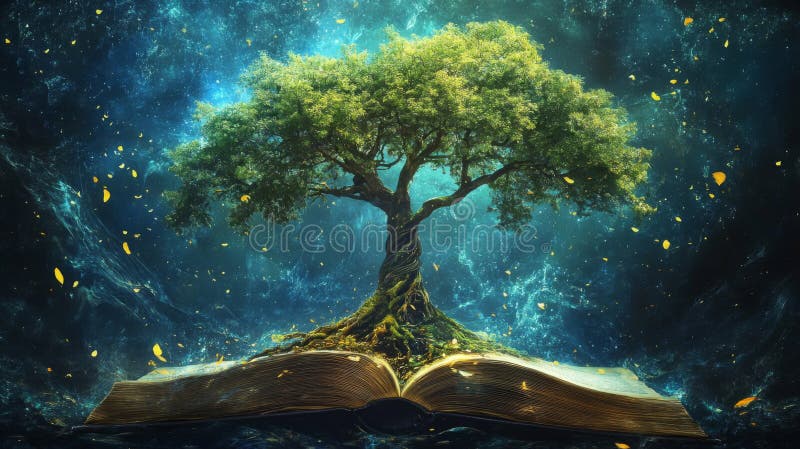 Magical Tree Growing from an Ancient Book Stock Illustration ...