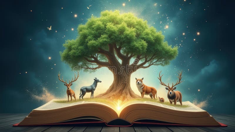 Magical Tree Growing from an Open Book with Animals Stock Illustration ...