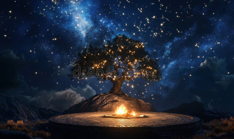 Magical Tree Illuminated by Stars and Constellations Under a Cosmic ...