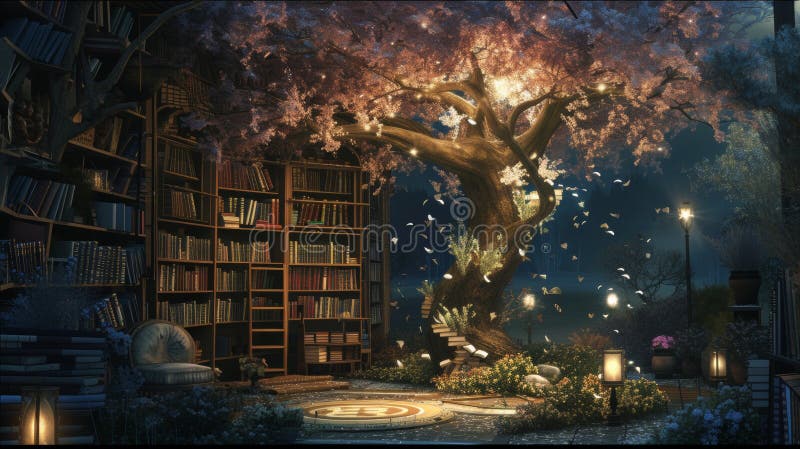 Magical Tree Library Scene with Lanterns and Blooming Blossoms Stock ...