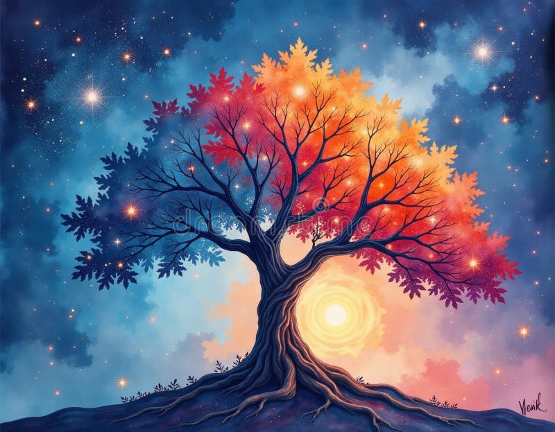Magical Tree of Life Celestial Sunset and Night Sky Painting Stock ...
