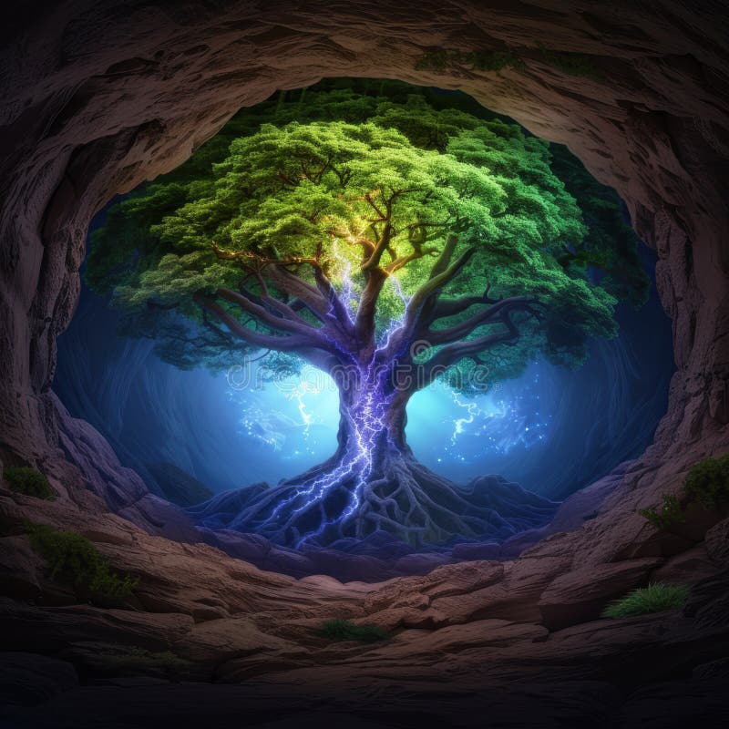 Magical Tree of Life in Enchanted Forest Stock Illustration ...