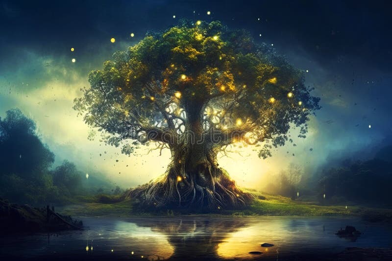 A Magical Tree of Life in the Forest Surrounded by Lights. Generative ...