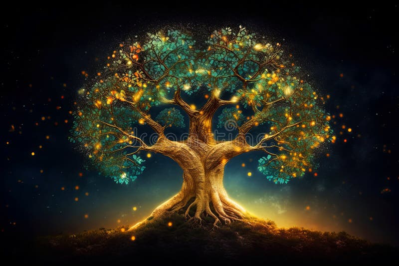 A Magical Tree of Life in the Forest Surrounded by Lights. Generative ...