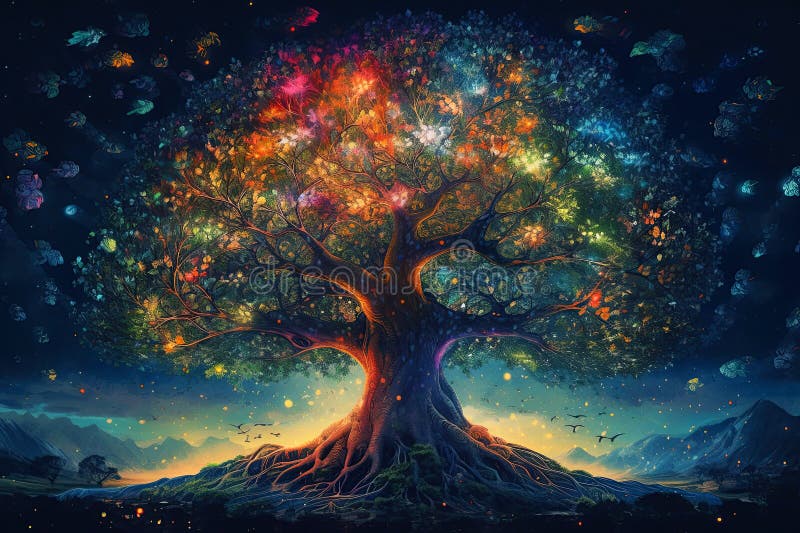 A Magical Tree of Life in the Forest Surrounded by Lights. Generative ...