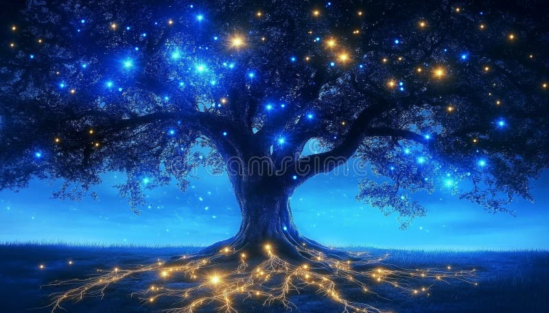 Magical Tree of Life with Glowing Roots Under Starry Night Sky. Harmony ...
