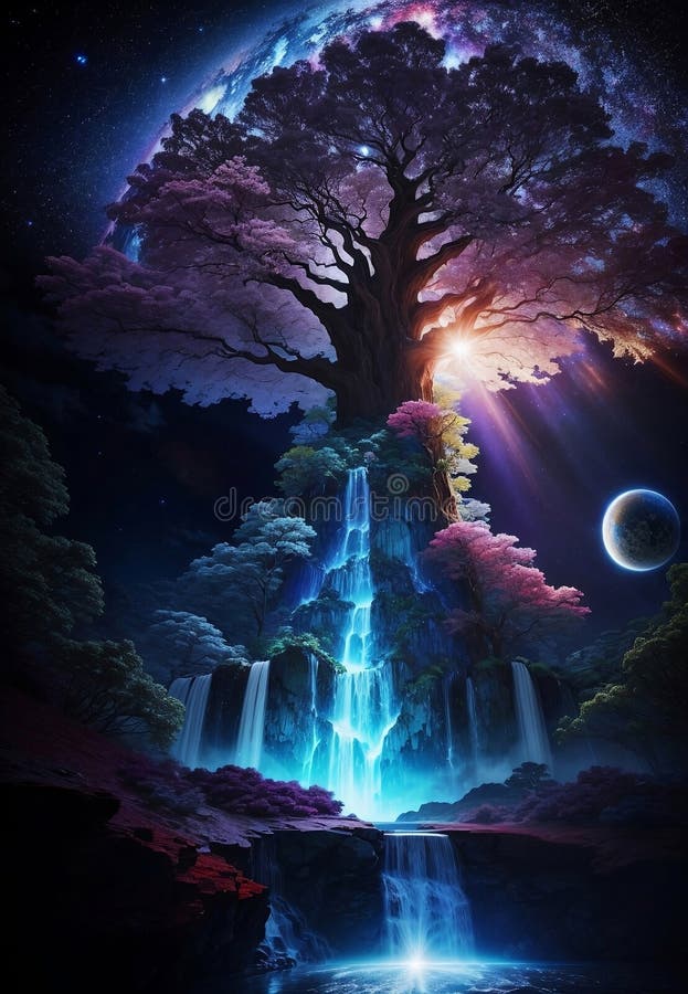 A Magical Tree of Life in Outer Space, Generative AI Illustration Stock ...