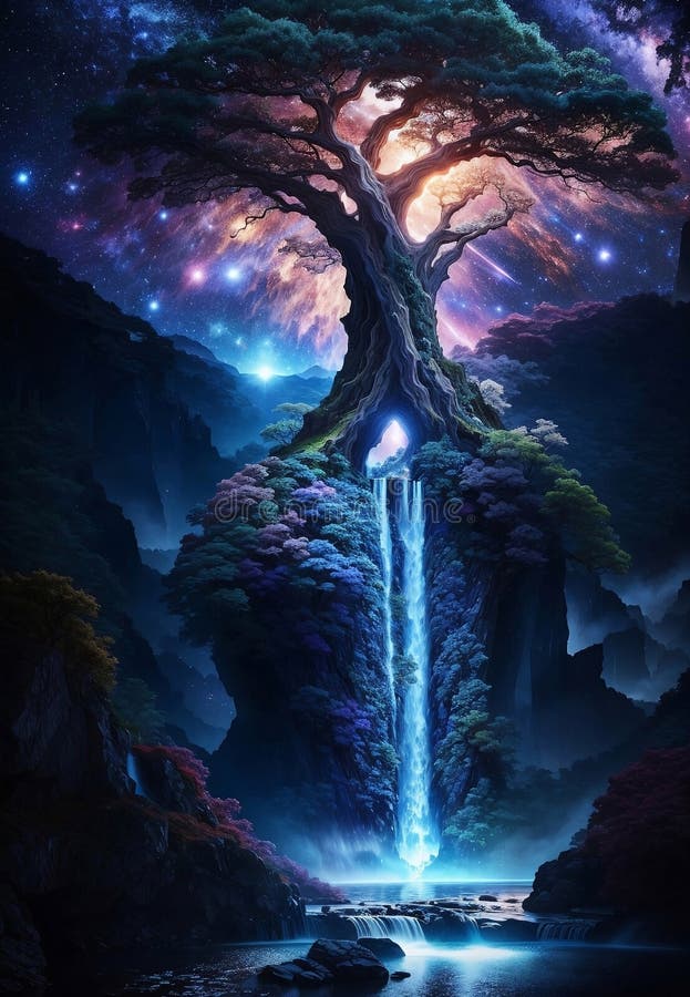 A Magical Tree of Life in Outer Space, Generative AI Illustration Stock ...