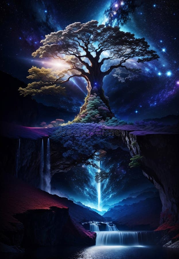 A Magical Tree of Life in Outer Space, Generative AI Illustration Stock ...