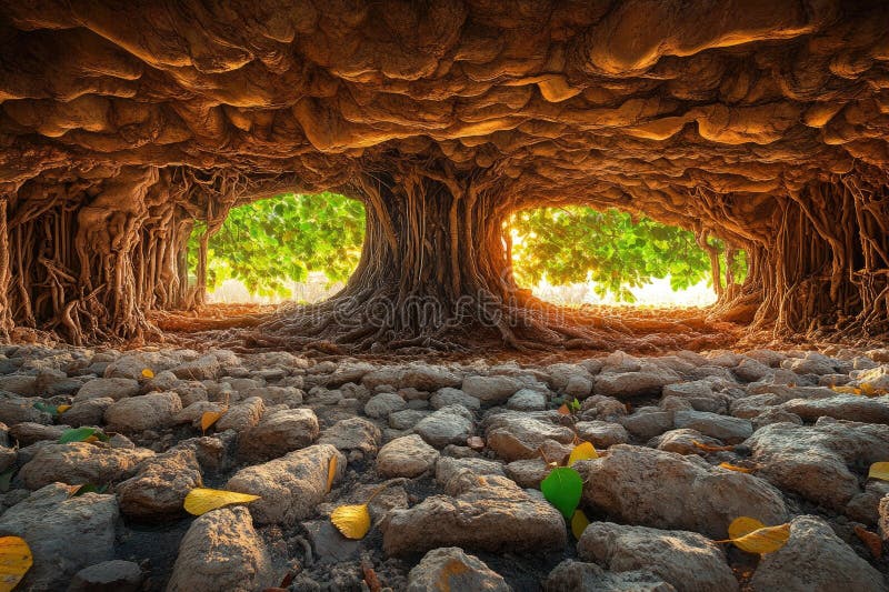 Magical Tree Roots Cave, Sunlit Entrance, Stone Path Stock Illustration ...