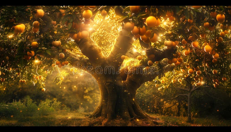 A Magical Tree with Shining Fruit at Sunset Stock Illustration ...